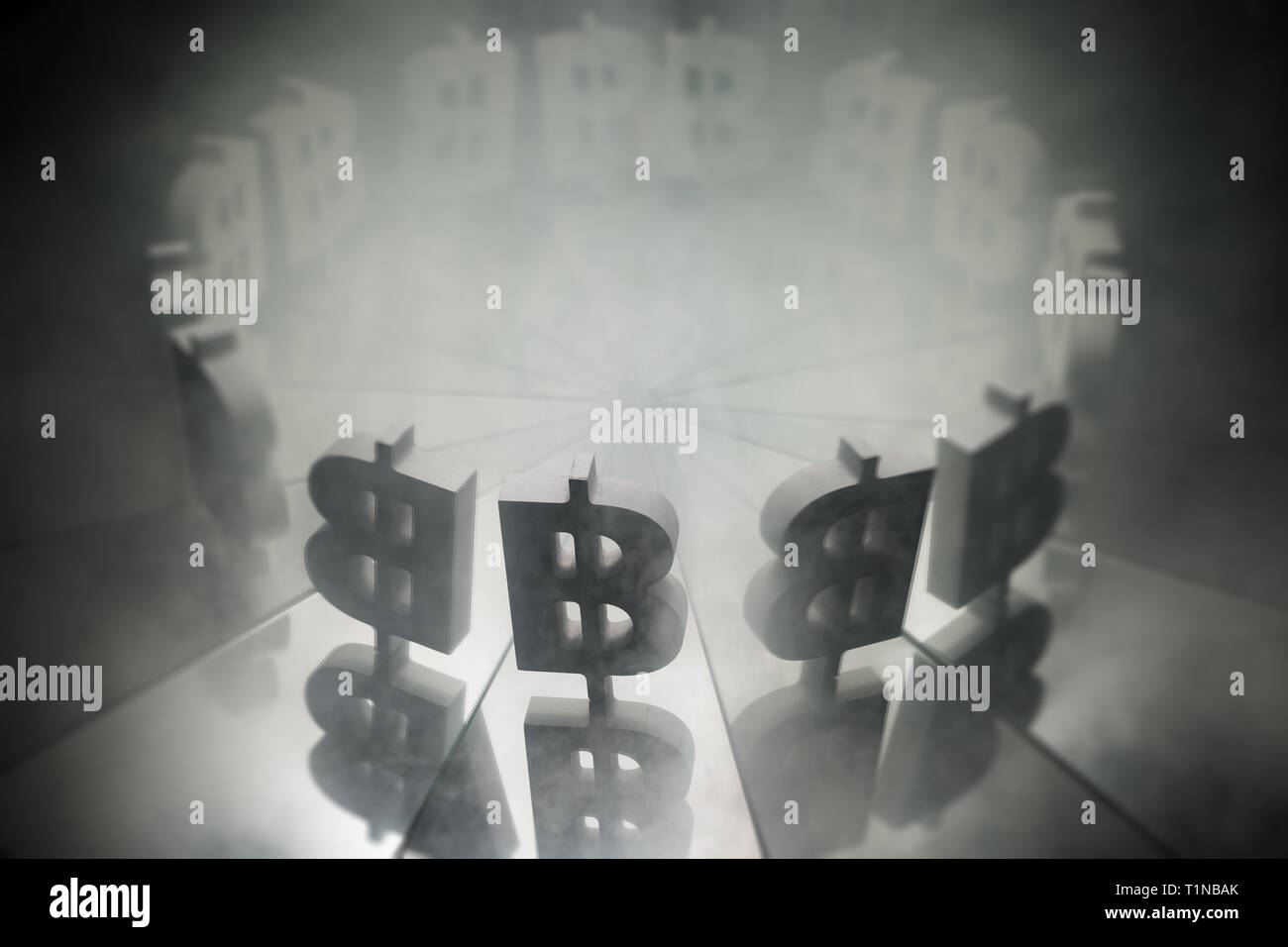 Bitcoin Currency Symbol on Mirror Covered In Smoke With many ...