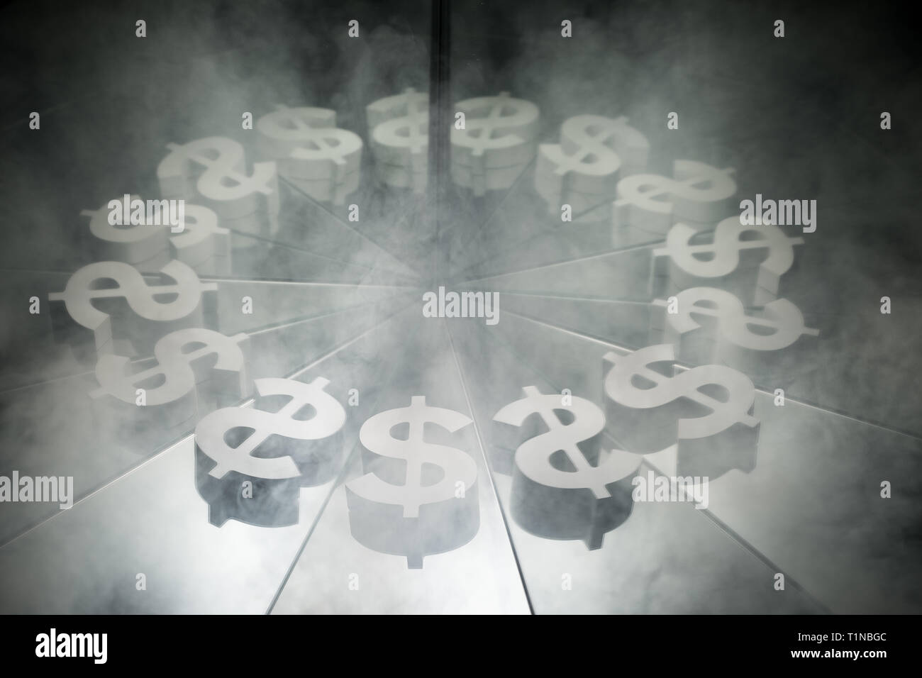 US Dollar Currency Symbol on Mirror Covered In Smoke With many ...