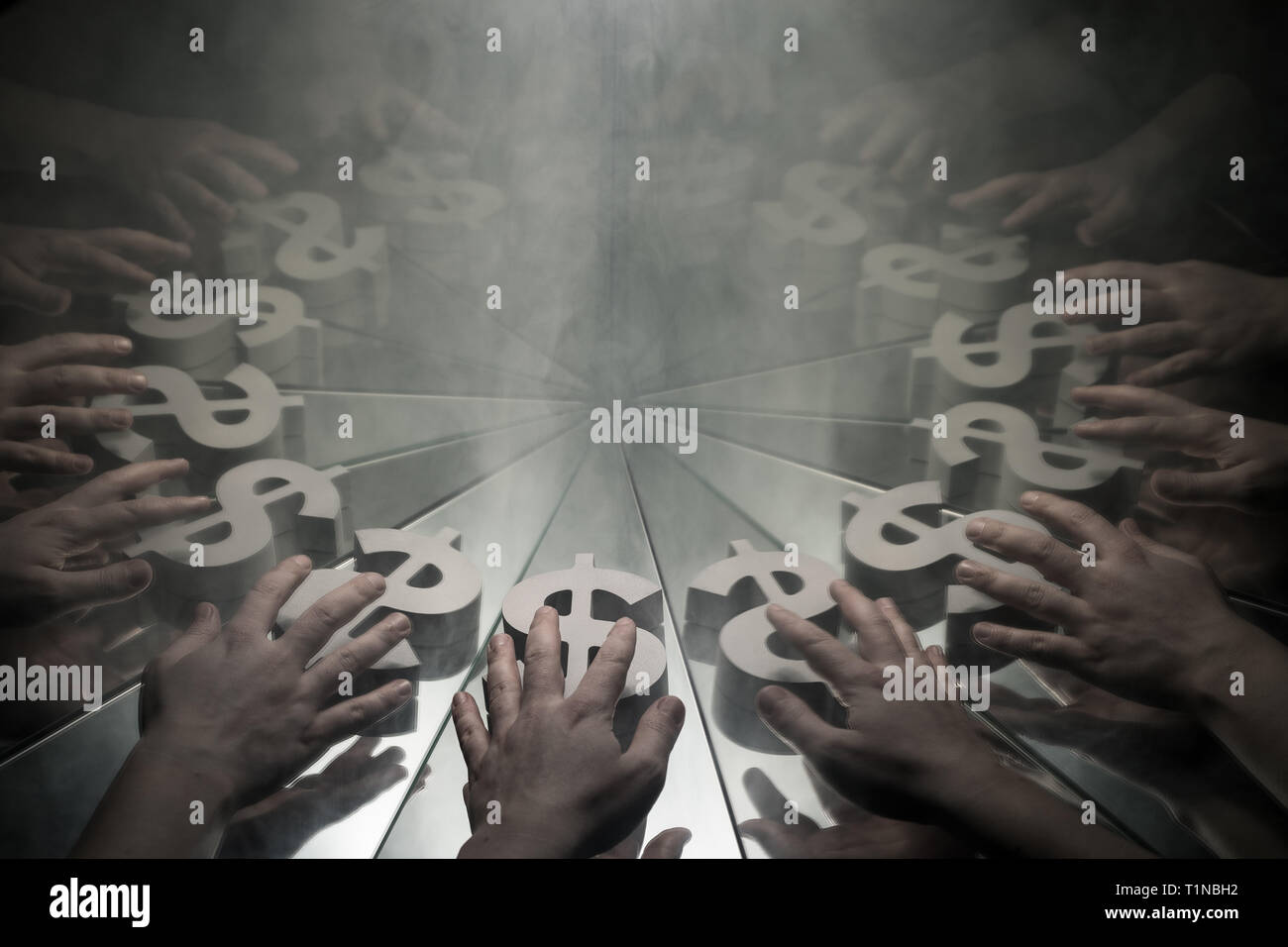 Hands Reaching for US Dollar Currency Symbol on Mirror Covered In Smoke ...