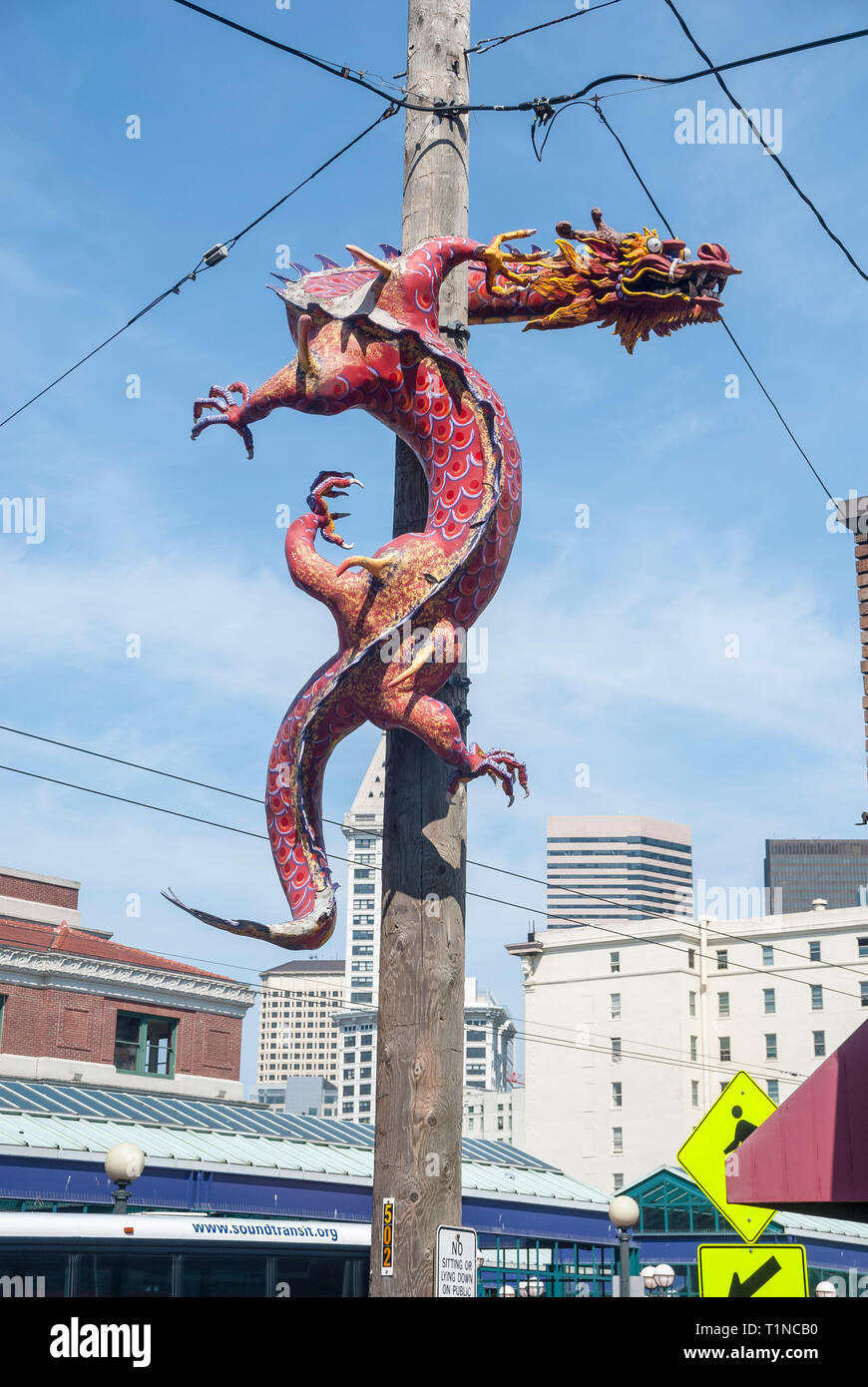 Dragon Sculpture on Electrical Pole in the International District in ...