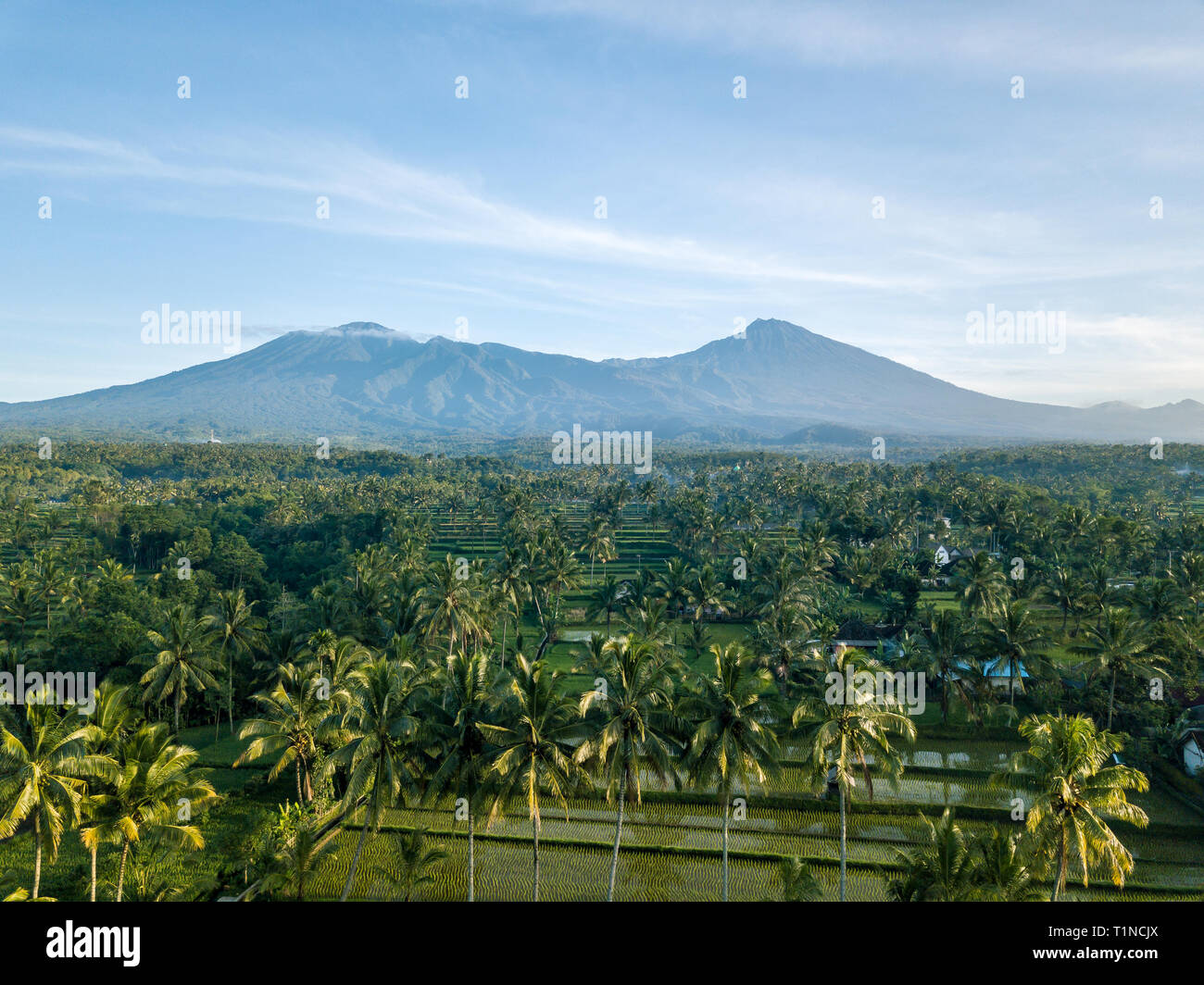 Aerial sunrise view of Mount Rinjani in Lombok, Indonesia Stock Photo ...