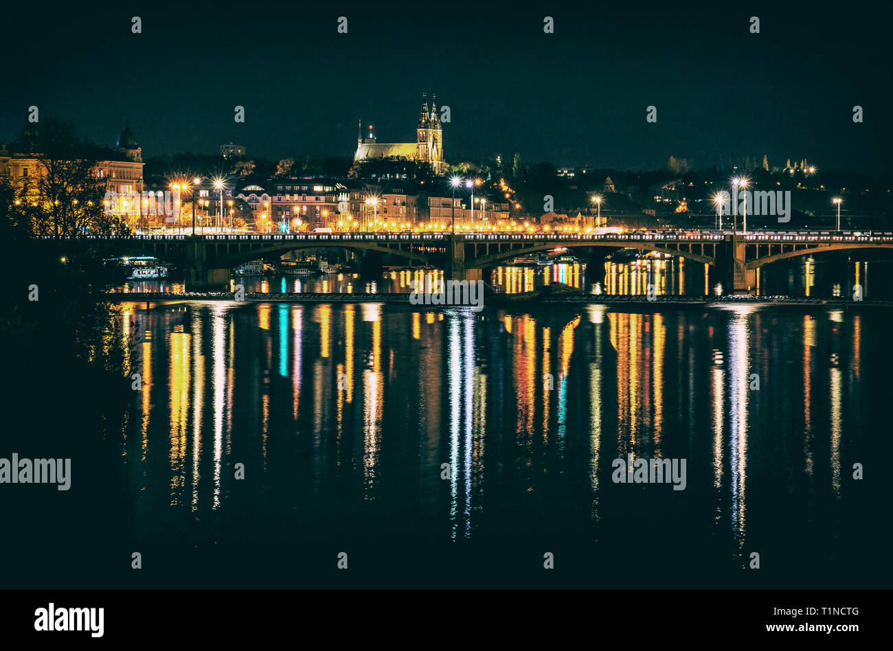 Night scene in Prague, Czech republic. Vltava river and Basilica of ...
