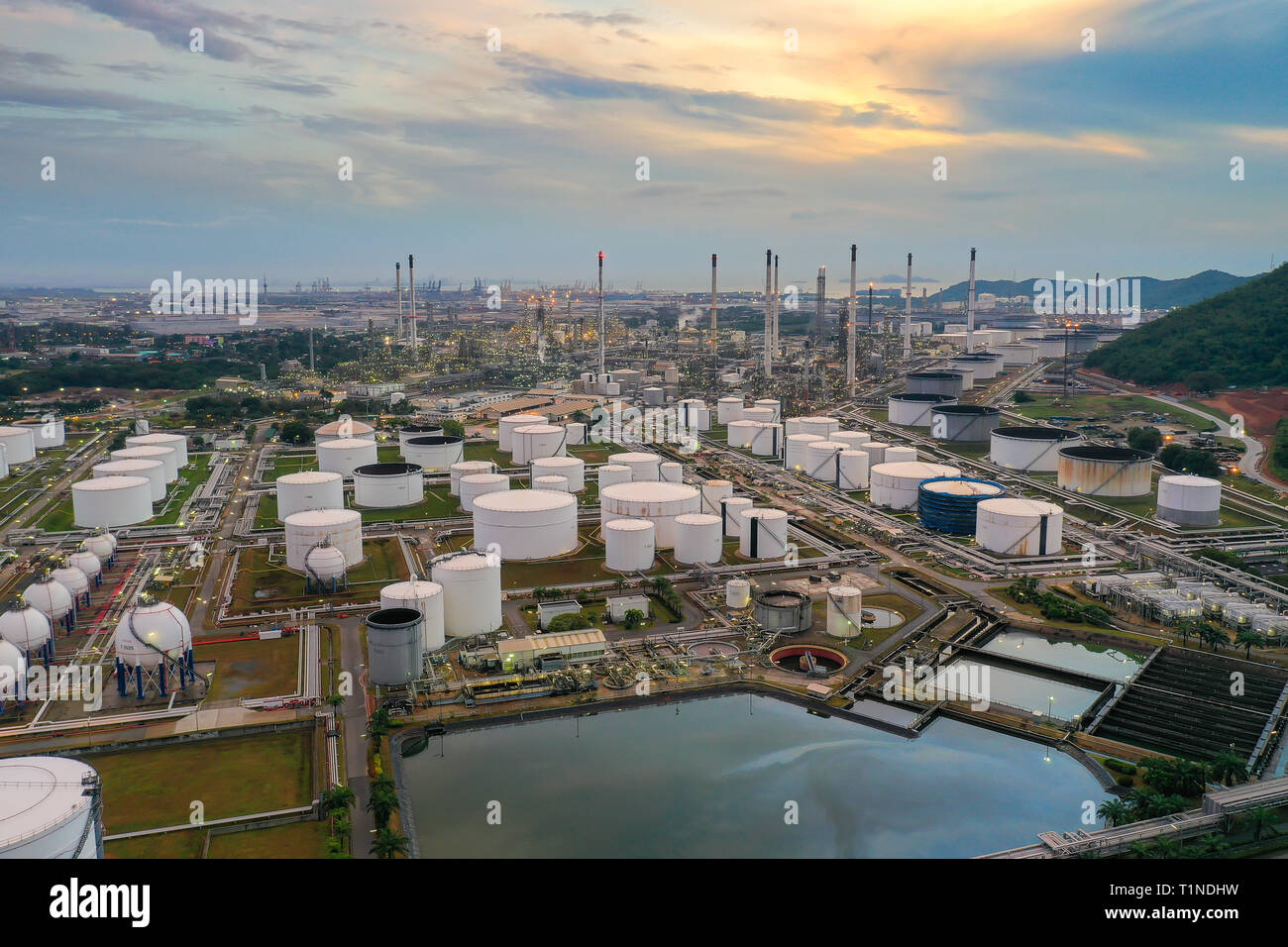Aerial view of Oil and gas industry - refinery at twilight Stock Photo ...