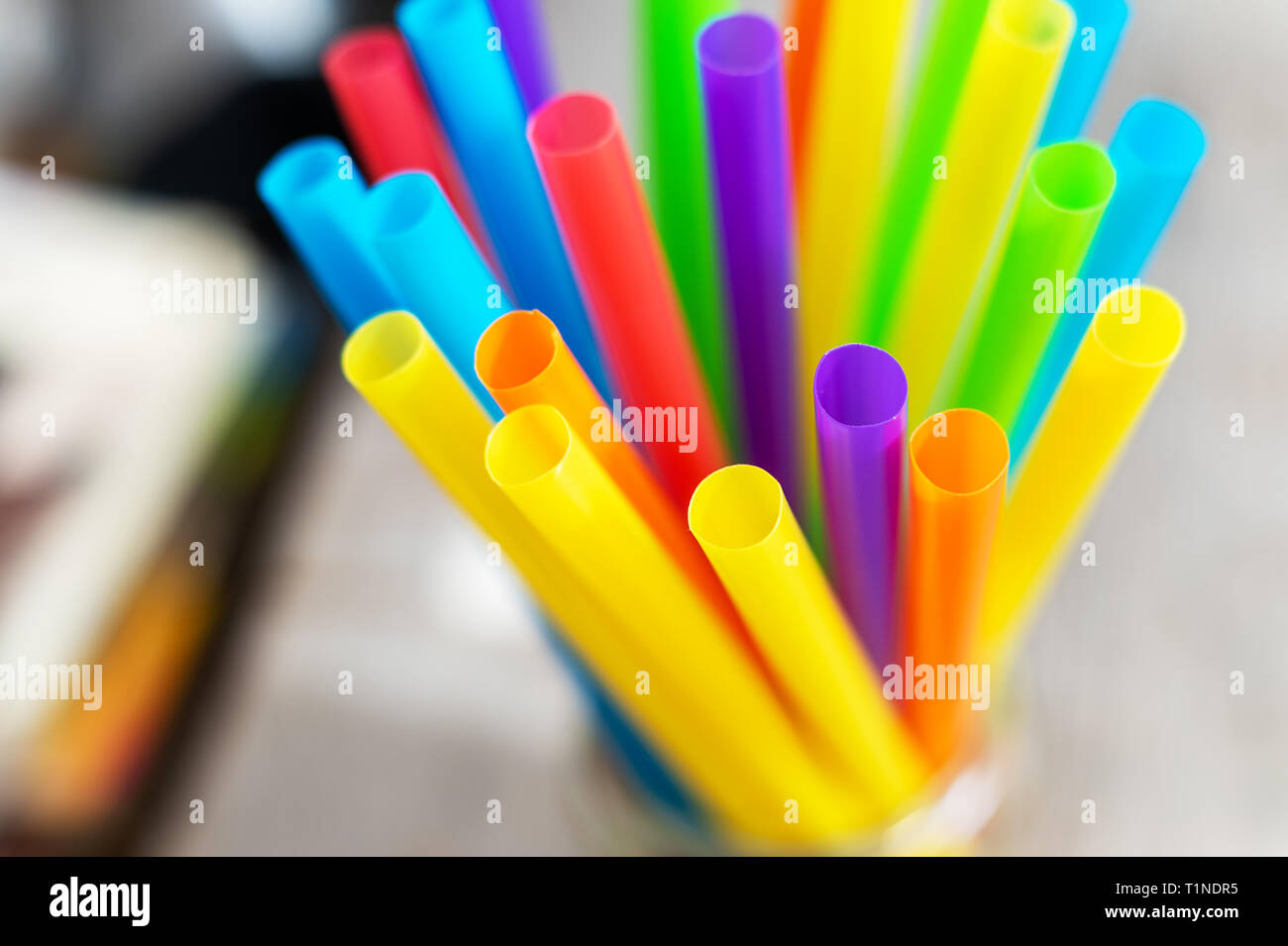 Top view of bright colorful plastic drinking straws and tubes Stock ...