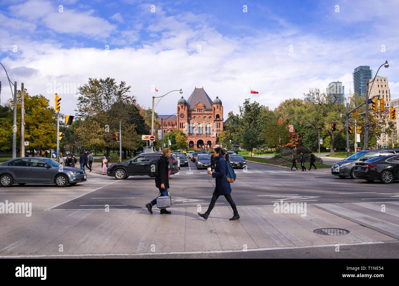 Toronto, Canada - 10 20 2018: pedestrians walking along the College ...