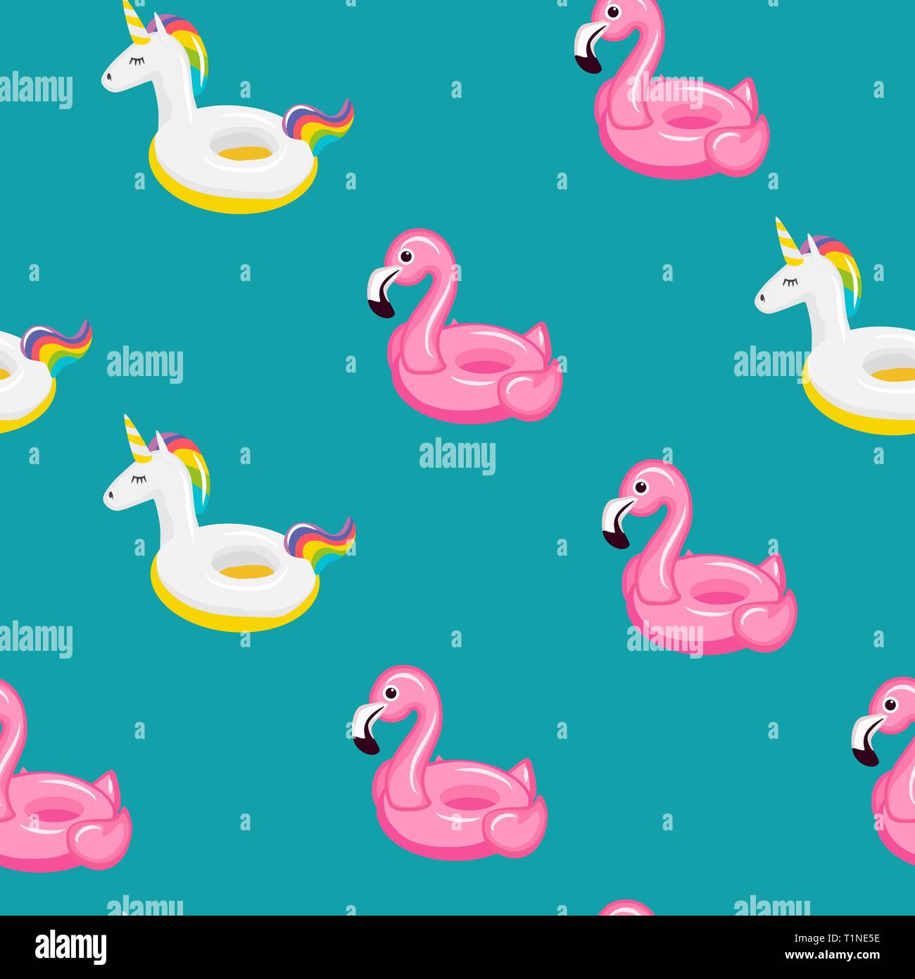 Seamless Pattern Pink Flamingo And Colored Unicorn Inflatable Pool Float Inflatable Colorful