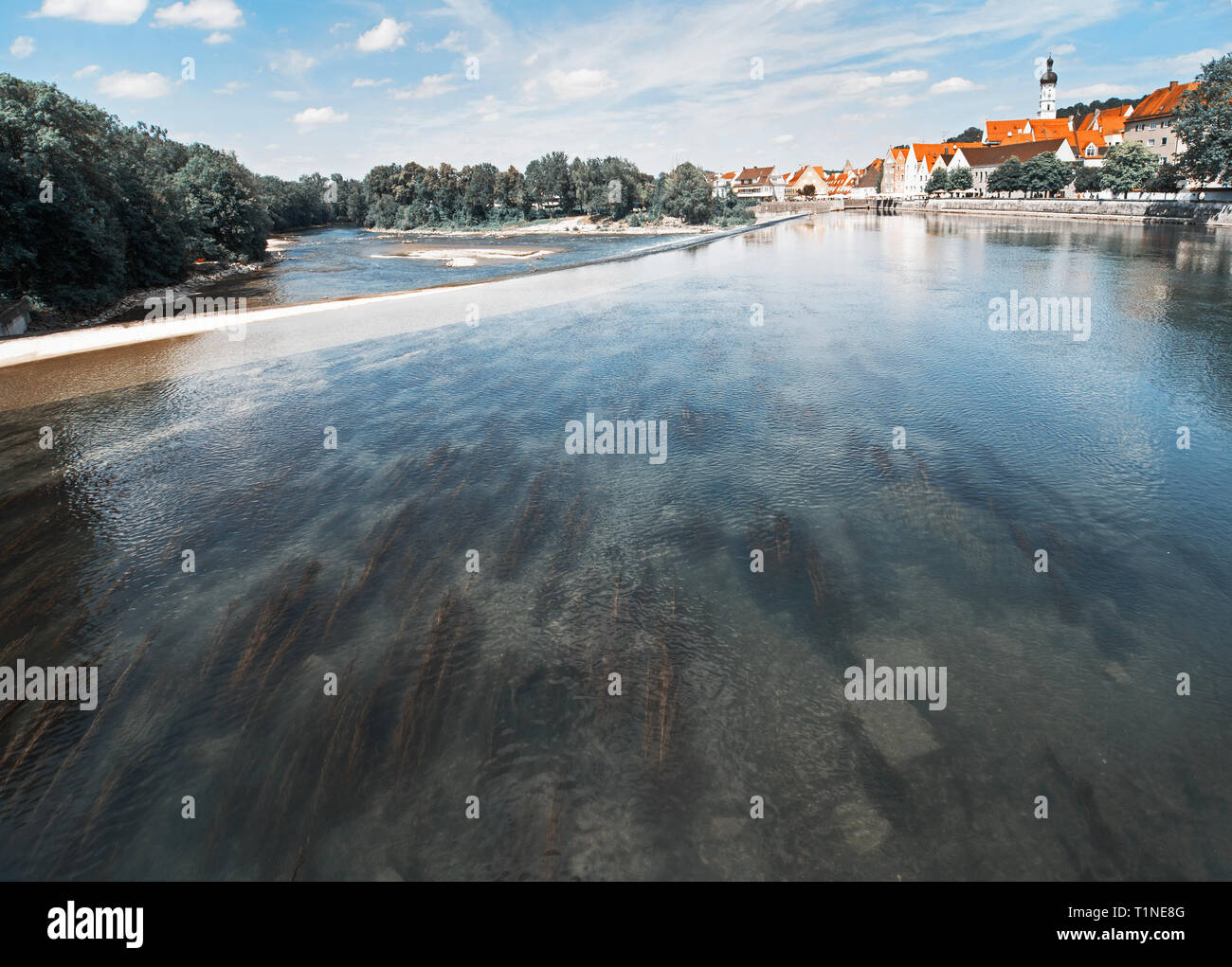River Lech in Landsberg am Lech, Bavaria, Germany. Teal and orange ...