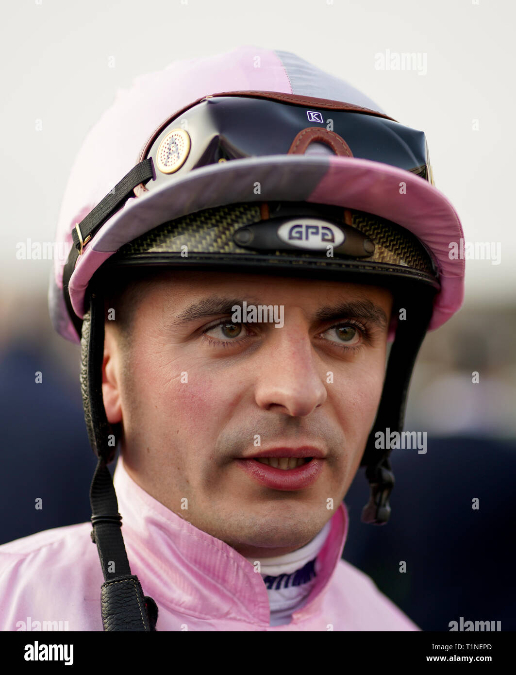 Jockey Andrea Atzeni at Kempton Park Racecourse, Esher Stock Photo - Alamy