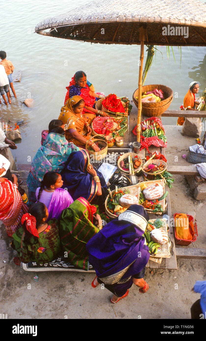 Indian festival and rituals at Ganga river in Varanasi or Benares ...