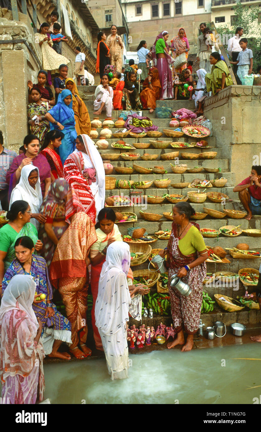 Indian festival and rituals at Ganga river in Varanasi or Benares ...