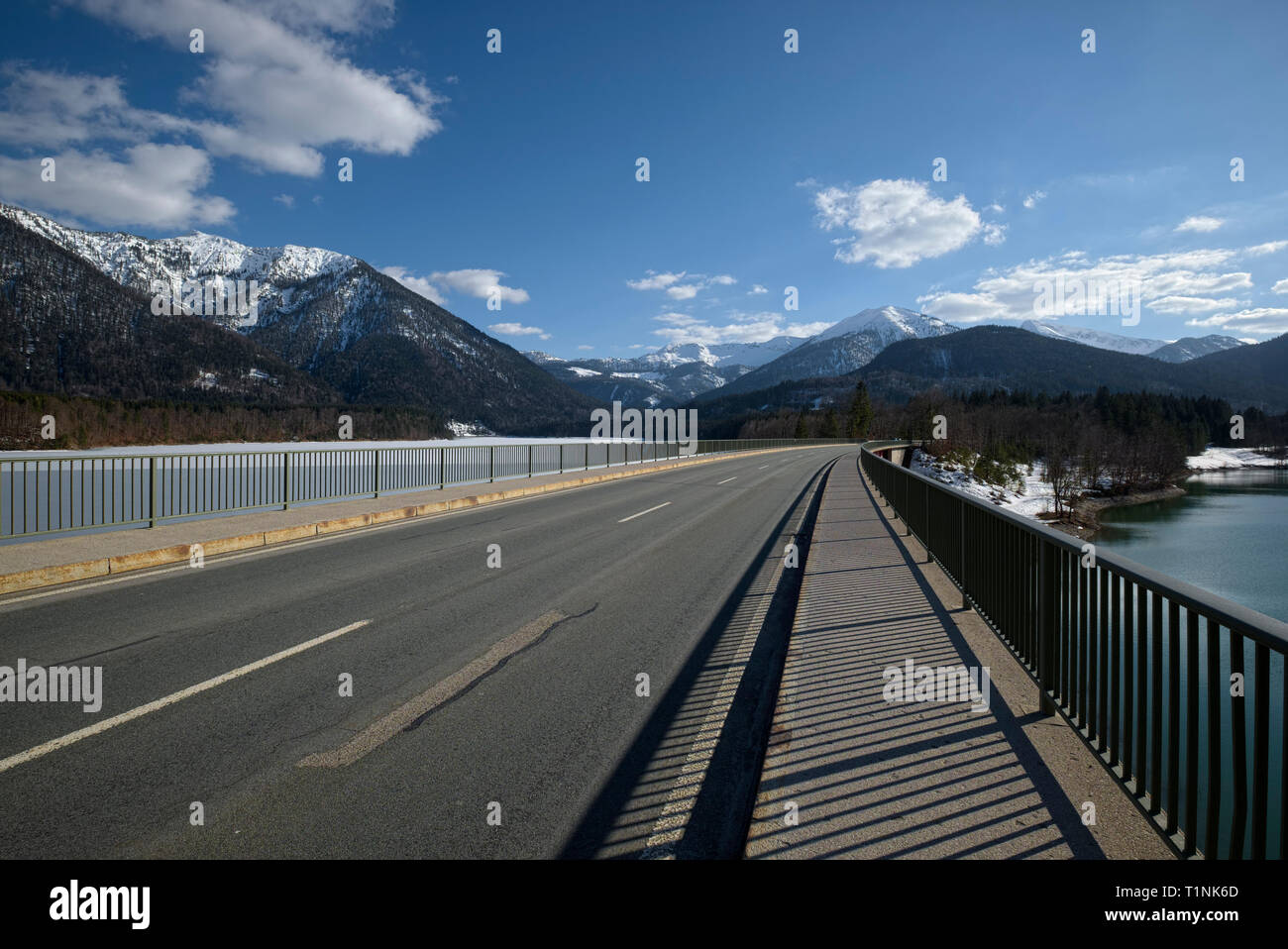 Sylvenstein Dam in front of snowy mountains, Bavaria, Germany Stock ...