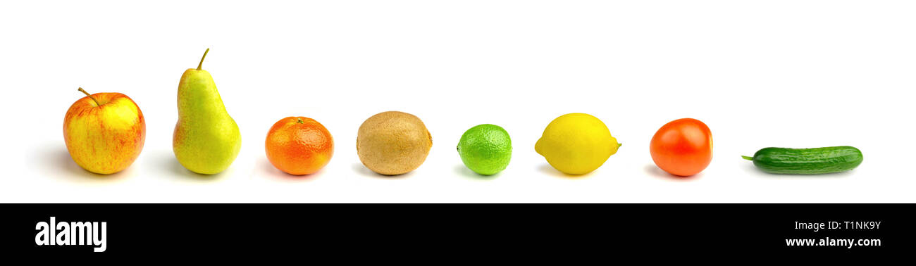 Close-up of Various Fruits in a row isolated on white Background. View ...