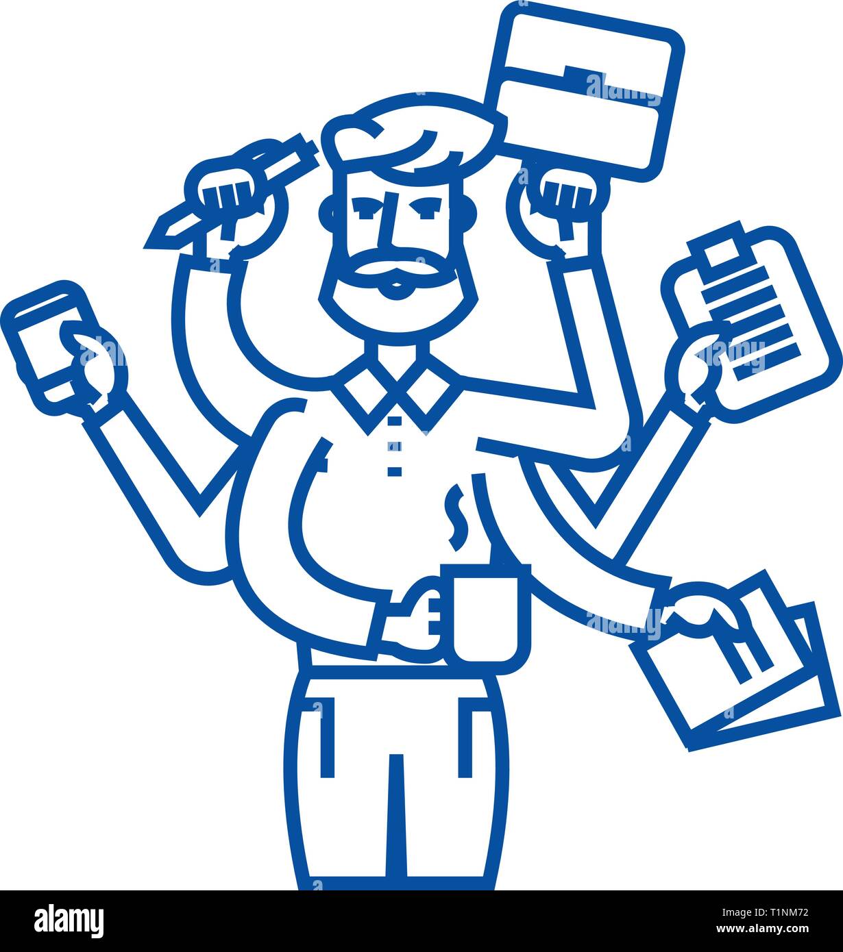 Multitasking businessman with case, line icon concept. Multitasking ...