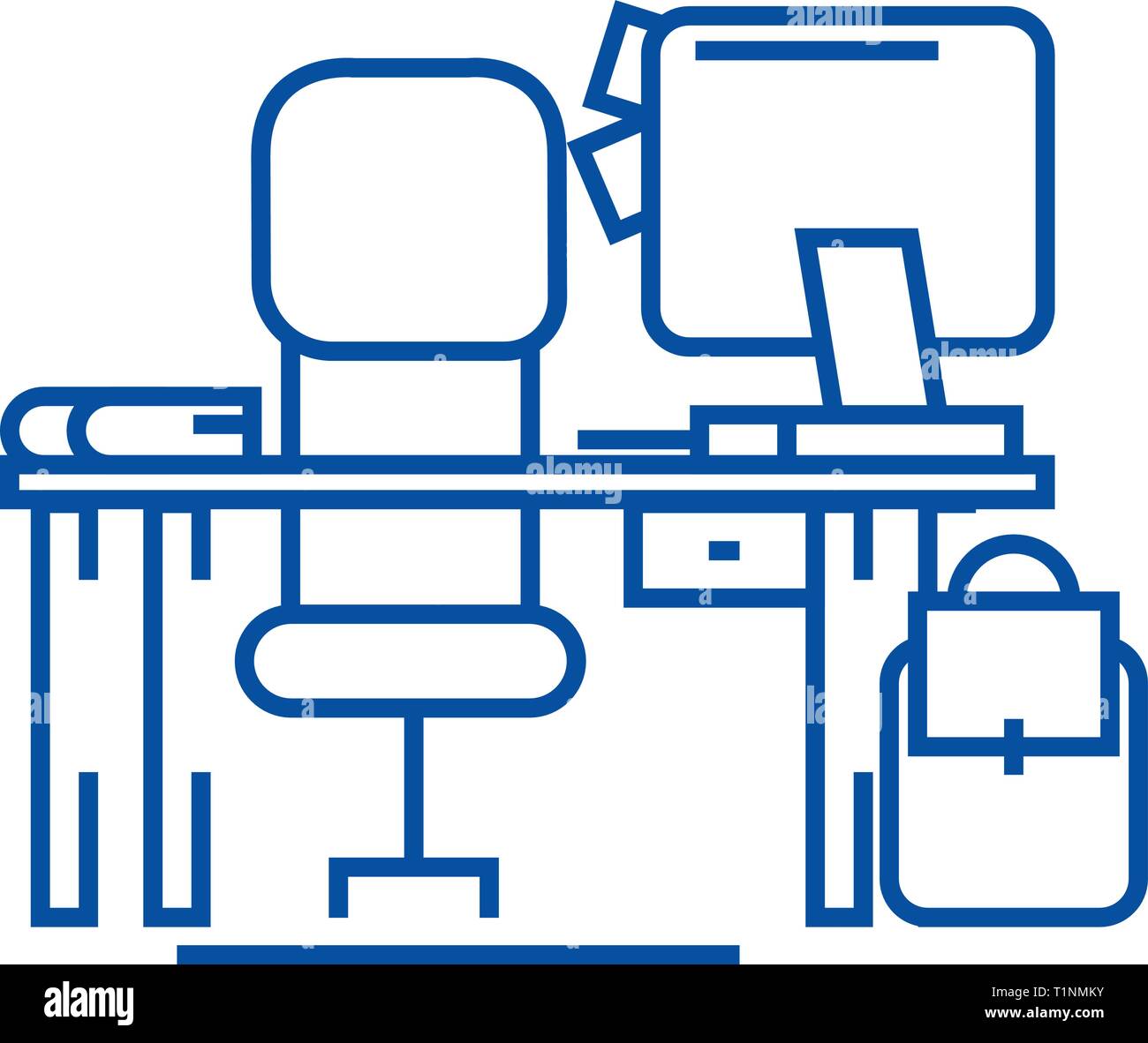 Office desk with computer and chair line icon concept. Office desk with ...