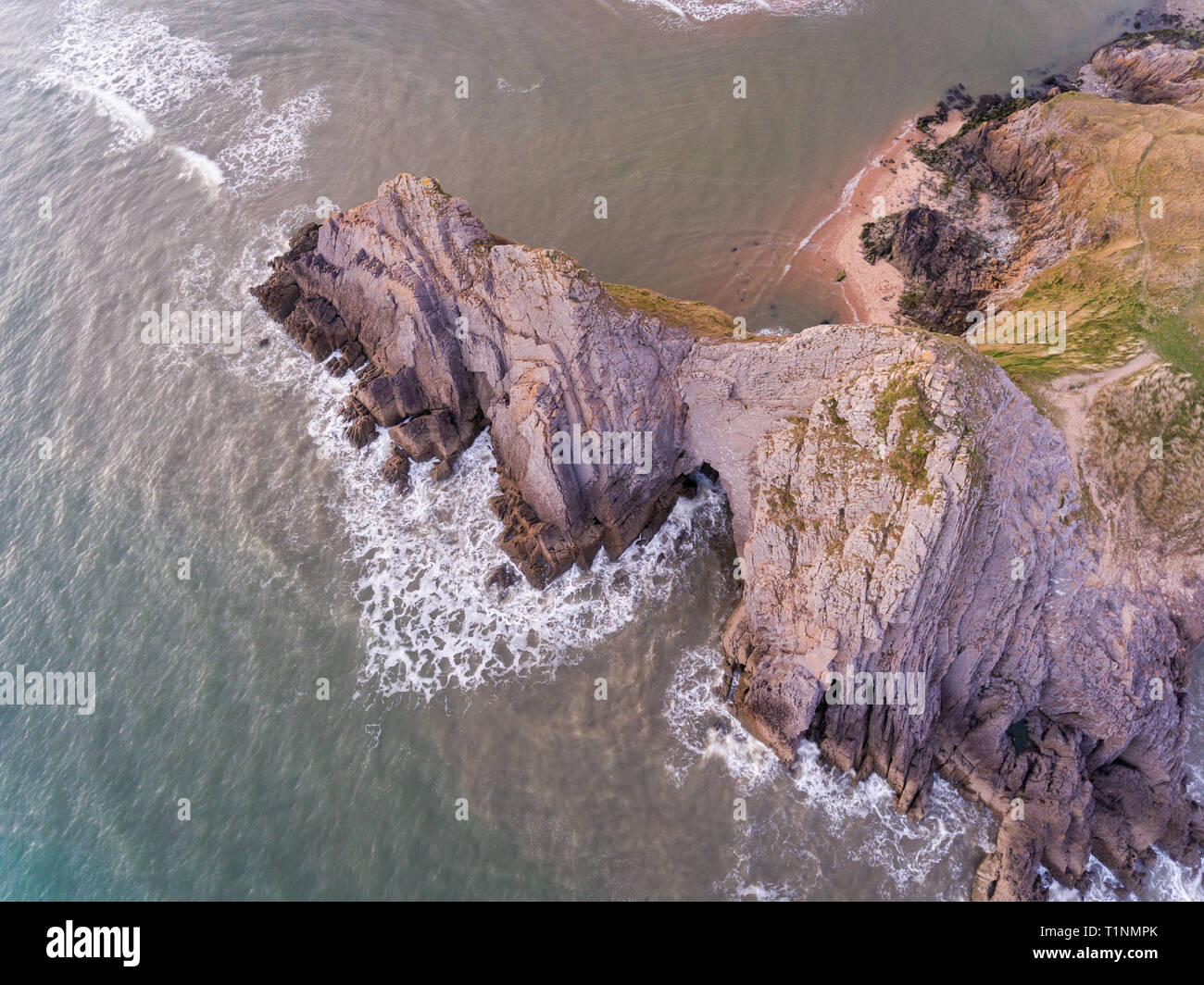 Aerial view of Three Cliffs Bay south coast beach the Gower Peninsula ...