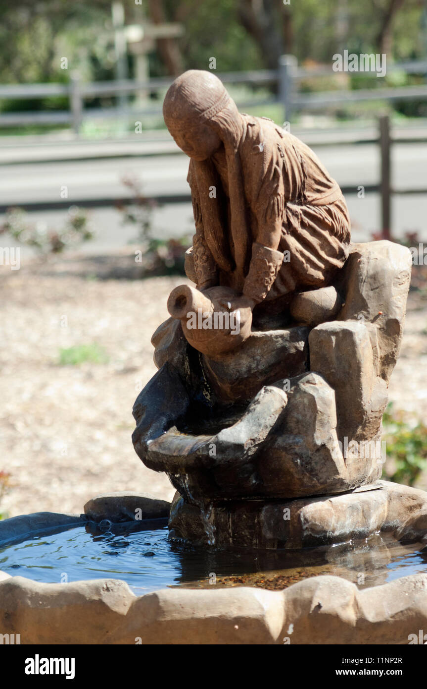 Chumash woman sculptured fountain at Santa Ynes Mission, Santa Ynez, CA ...