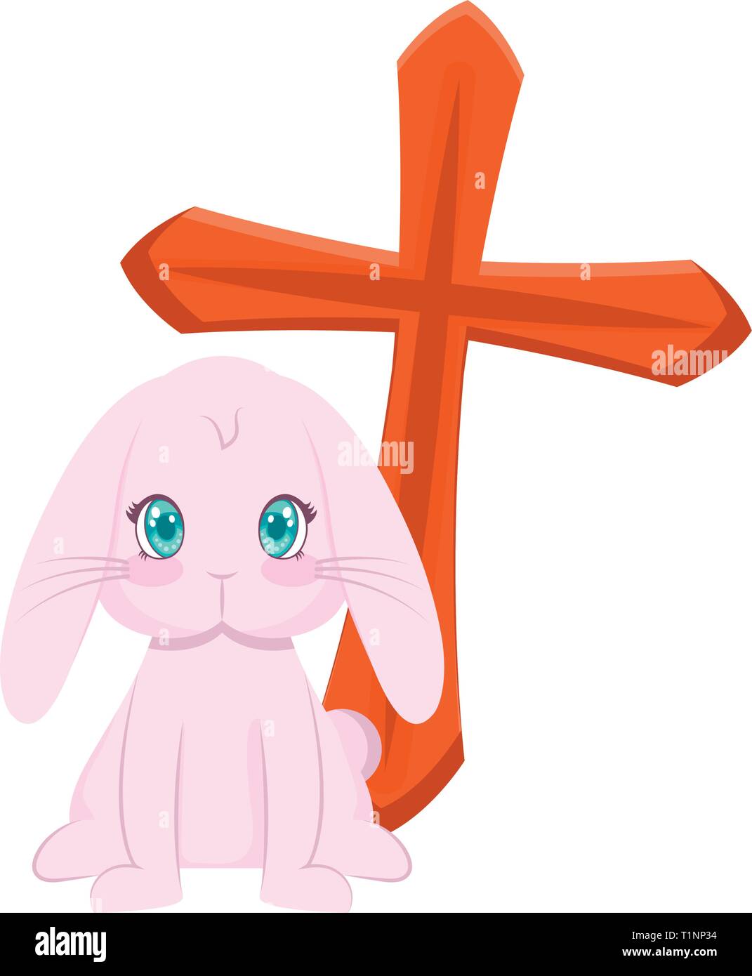 cute rabbit with wooden catholic cross vector illustration design Stock ...