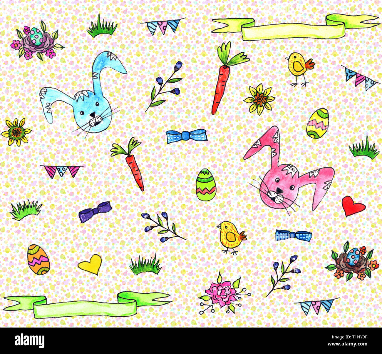 Set of Easter and spring design elements. Easter bunny, eggs and ...