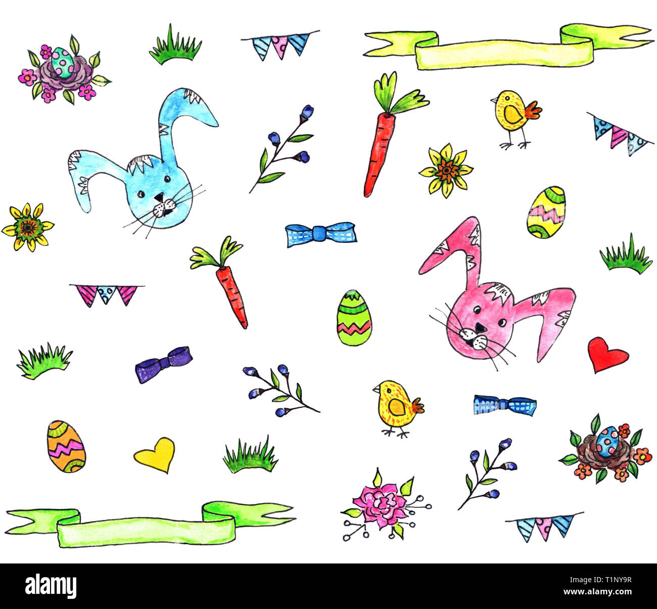 Set of Easter and spring design elements. Easter bunny, eggs and ...