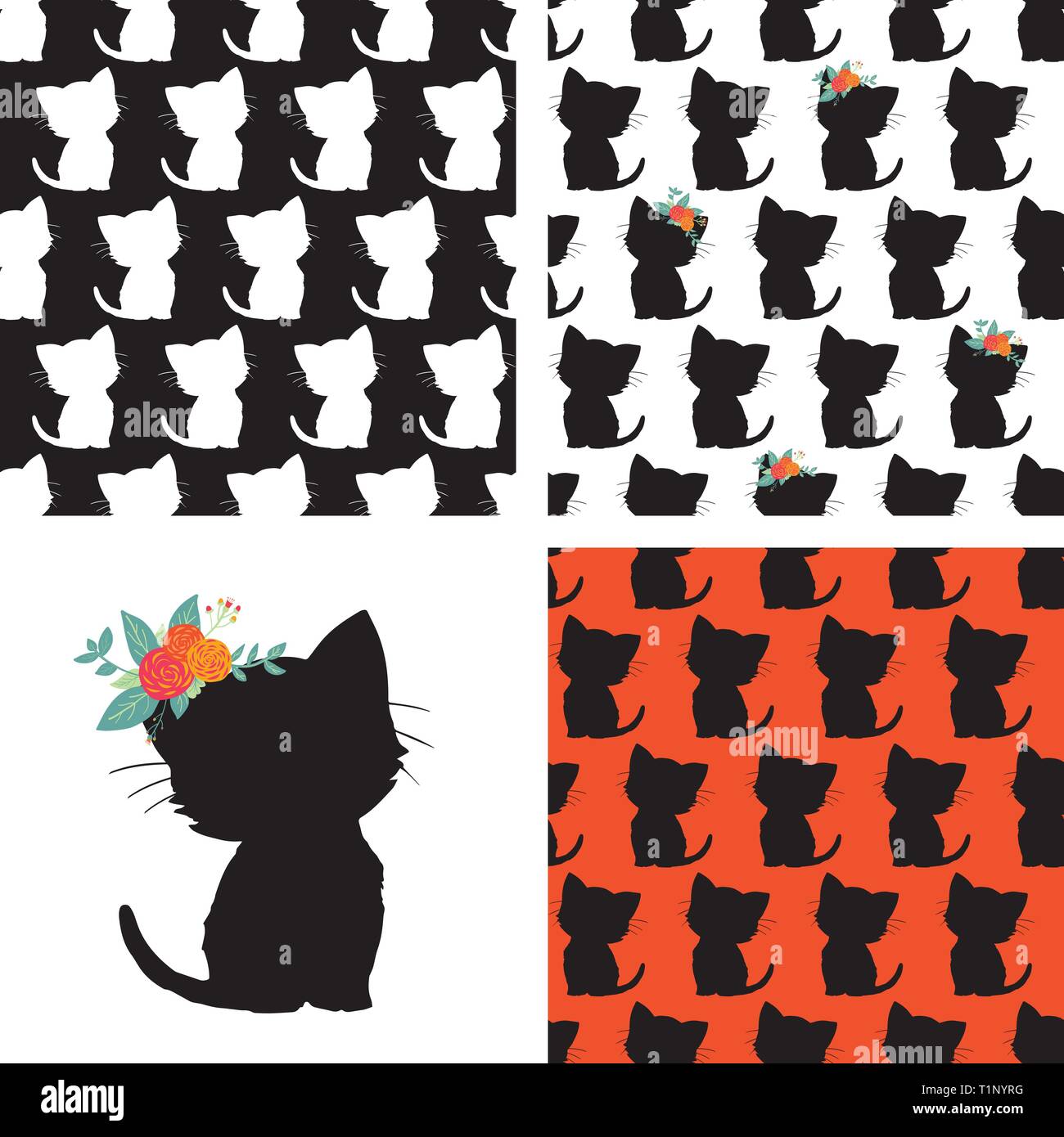Set of seamless cat pattern and kitty silhouette black white red ...