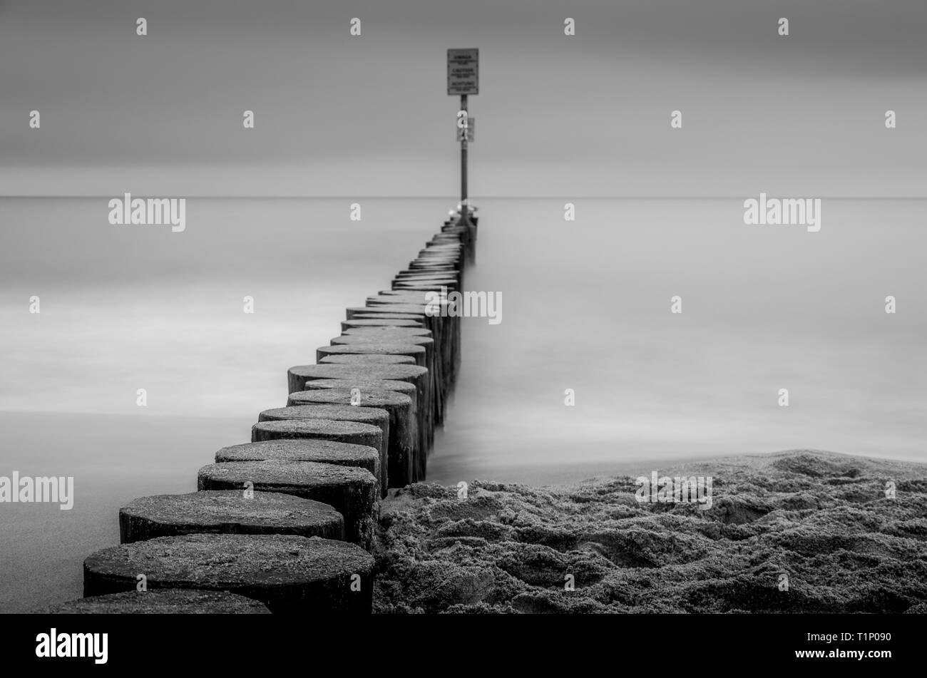 Wooden breakwater bollards at the Baltic sea. Water and sandy beach ...