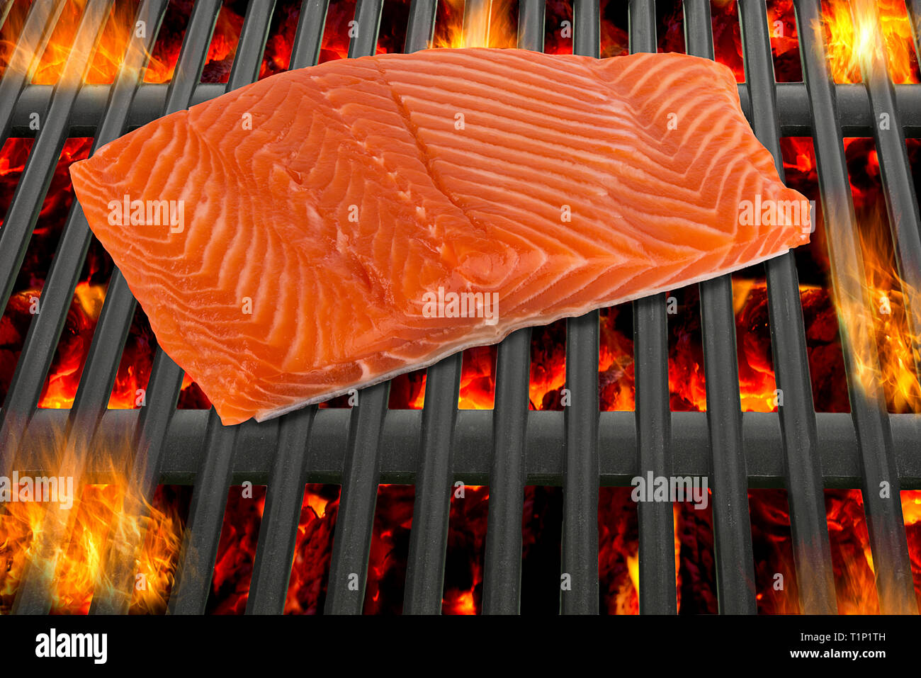 Cooking salmon fillet on barbecue. Top view Stock Photo - Alamy