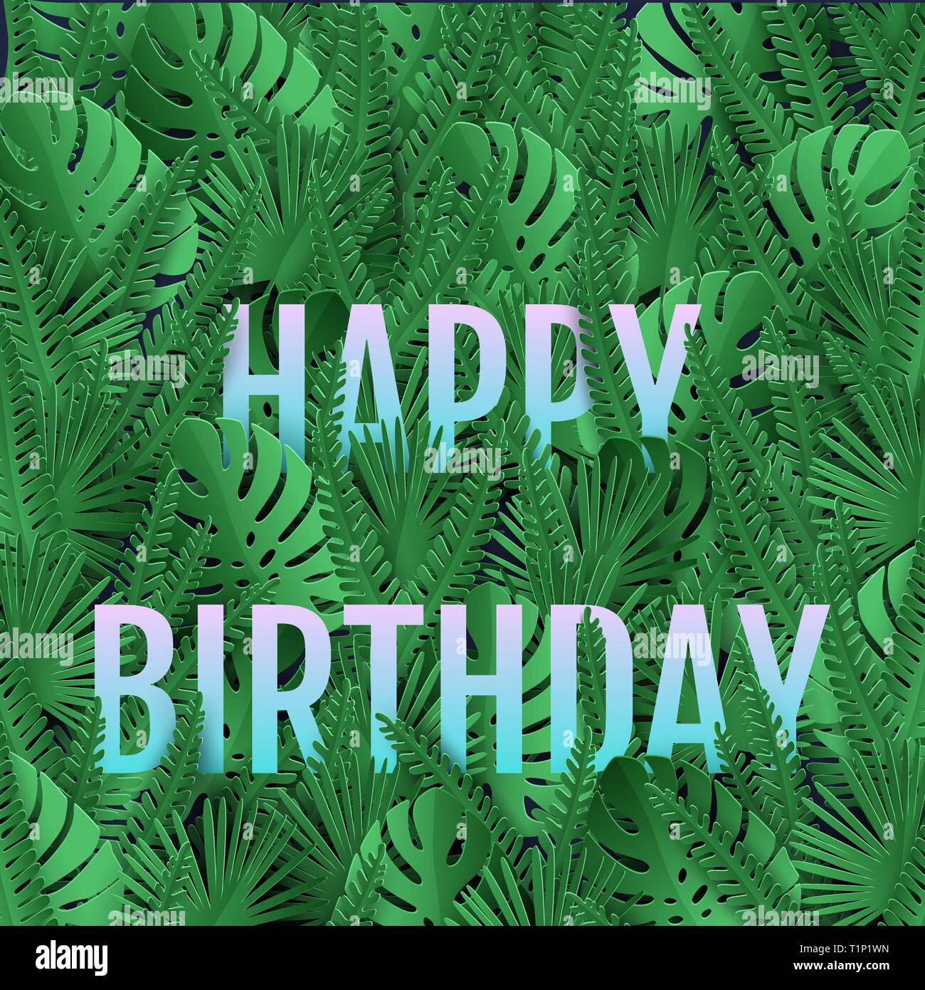 happy bearthday card with tropical green leaves. happy birthday ...