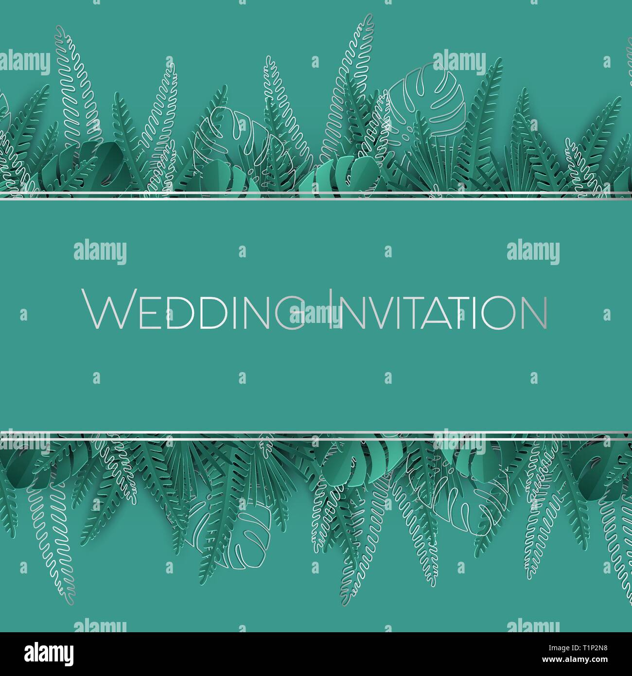 tender wedding invitation in teal colors with silver details and tropical leaves on teal ...