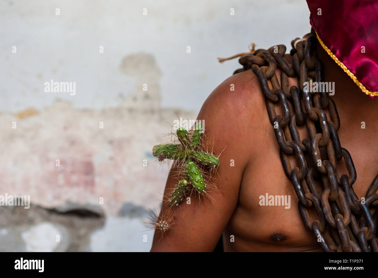 A hooded Catholic penitent, wearing chains and cactus spines stuck to ...