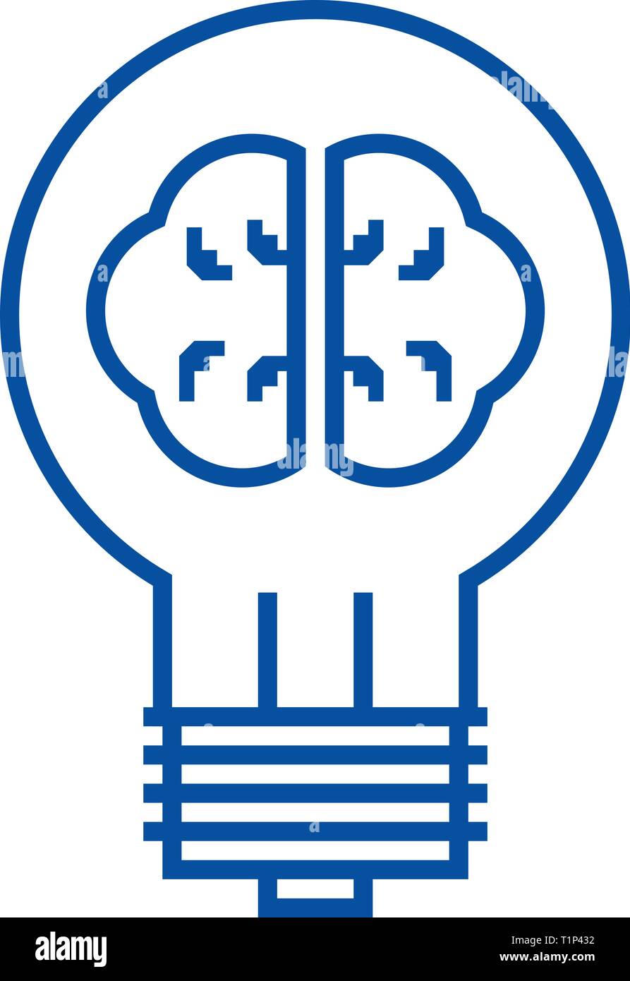 Idea lamp with brain line icon concept. Idea lamp with brain flat ...