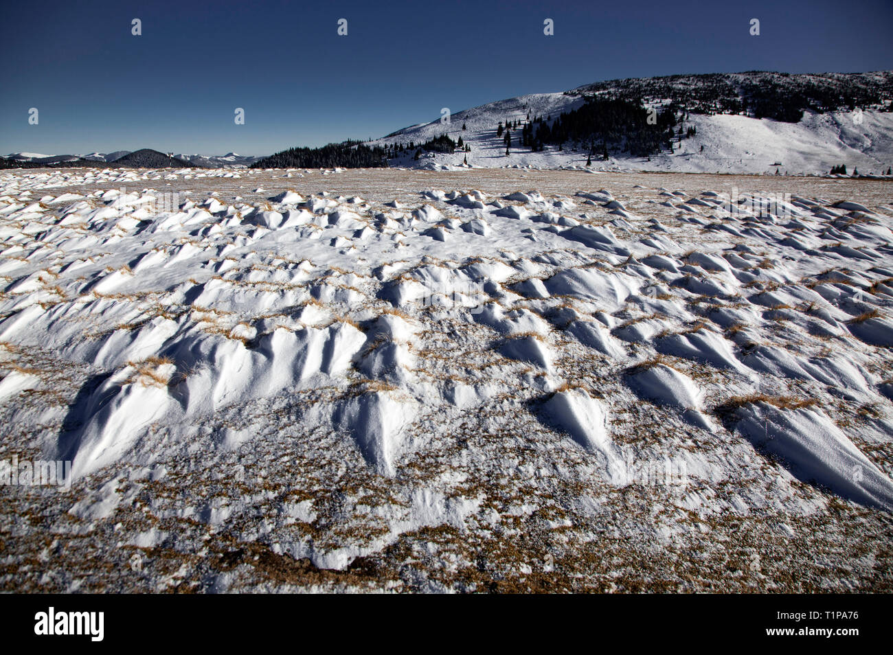 Frozen snow shaped by wind in the mountains Stock Photo - Alamy