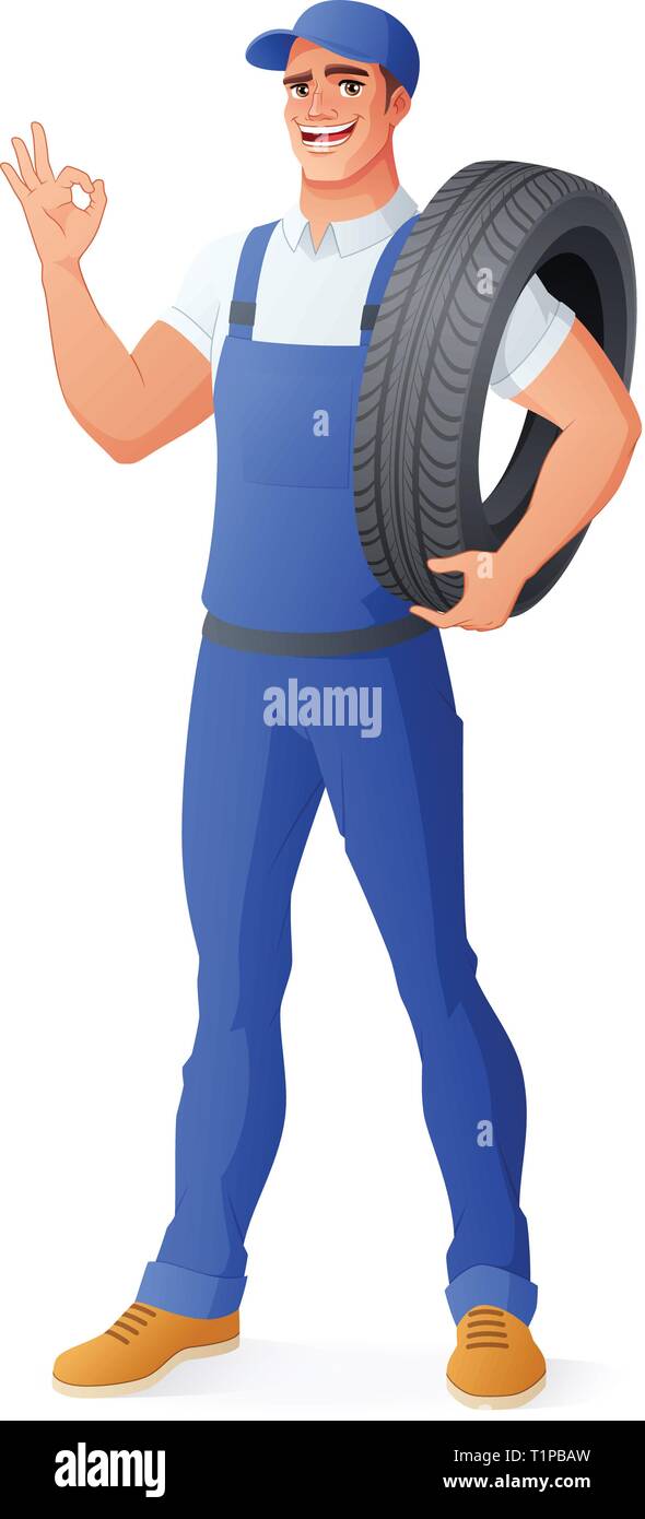 Auto mechanic car service man holding tire. Vector illustration Stock ...