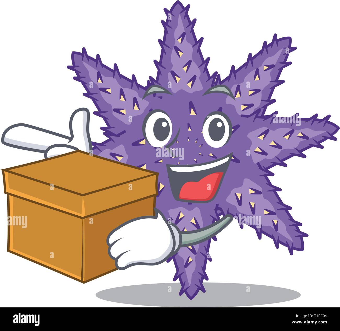 With box purple starfish above cartoon coral reef vector illustration ...