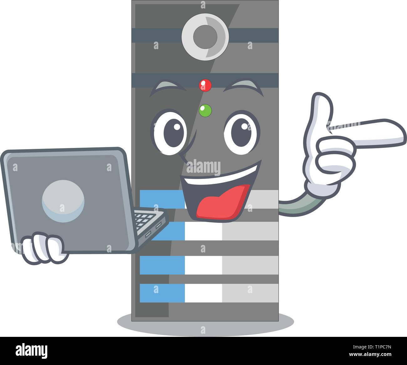 With laptop data server next the cartoon computer vector illustration ...
