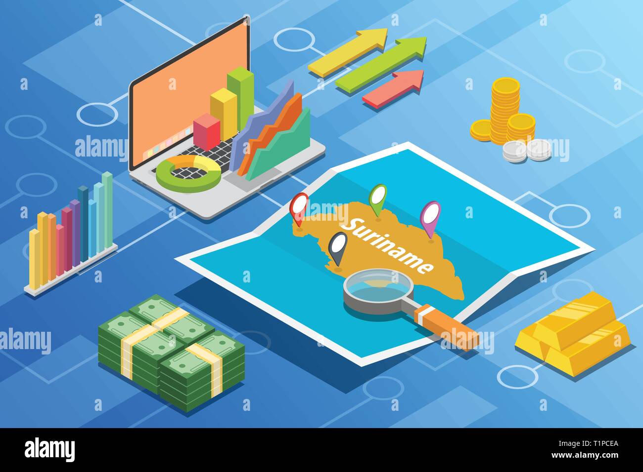 suriname isometric business economy growth country with map and finance ...