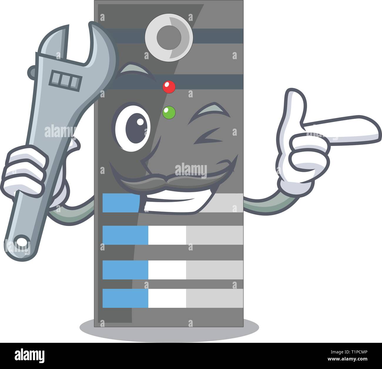 Mechanic data server above the cartoon tables vector illustration Stock ...