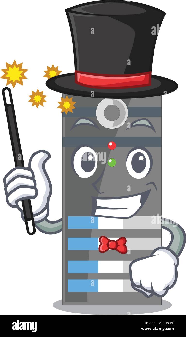 Magician data server above the cartoon tables vector illustration Stock ...