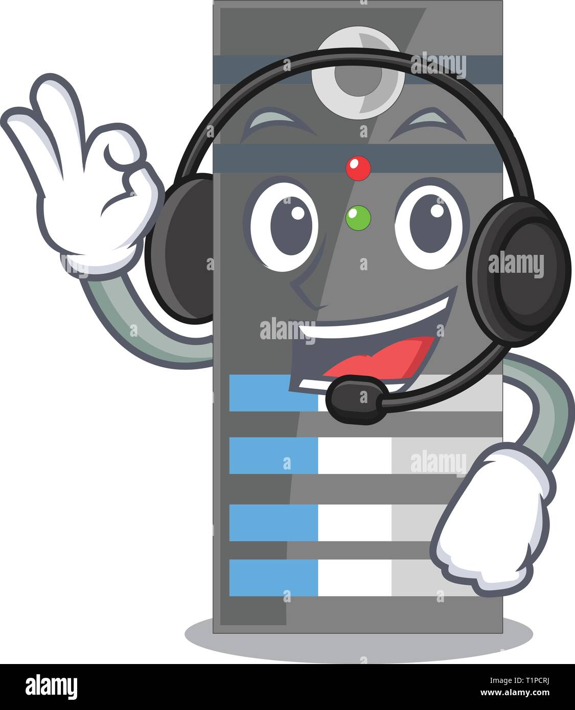 With headphone data server above the cartoon tables vector illustration ...