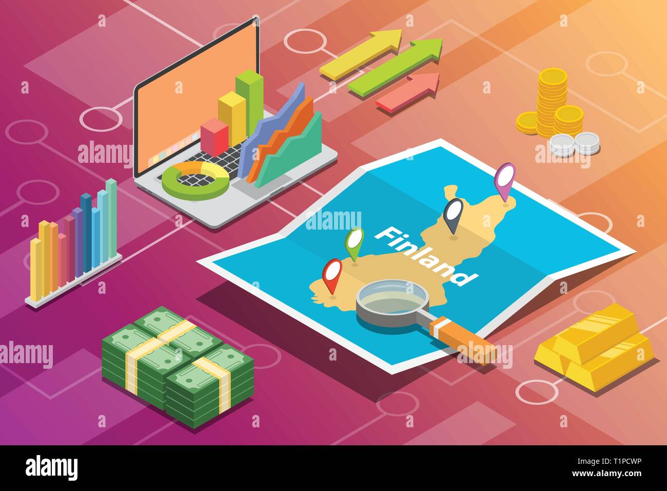 finland isometric business economy growth country with map and finance ...