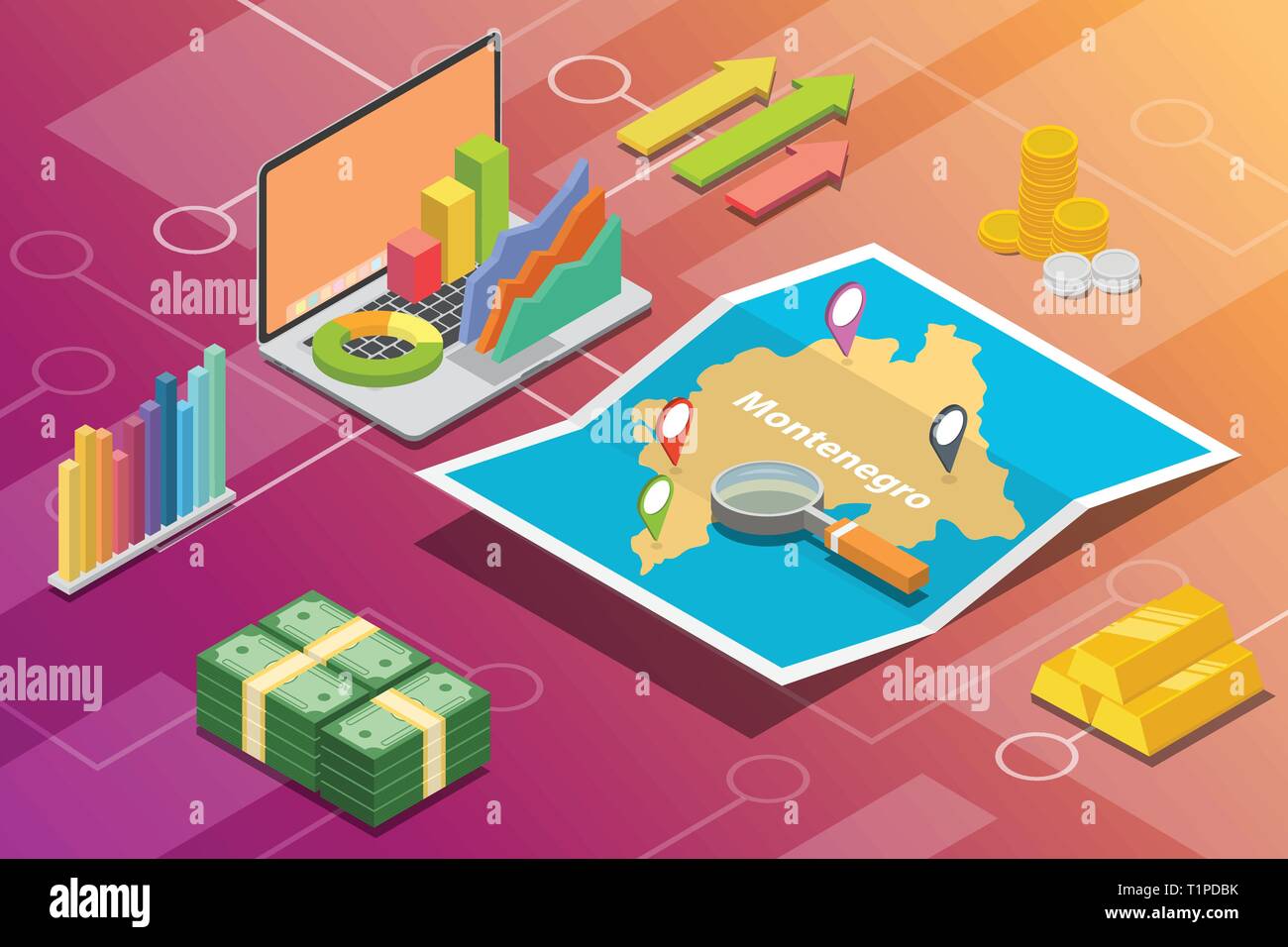 montenegro isometric business economy growth country with map and ...
