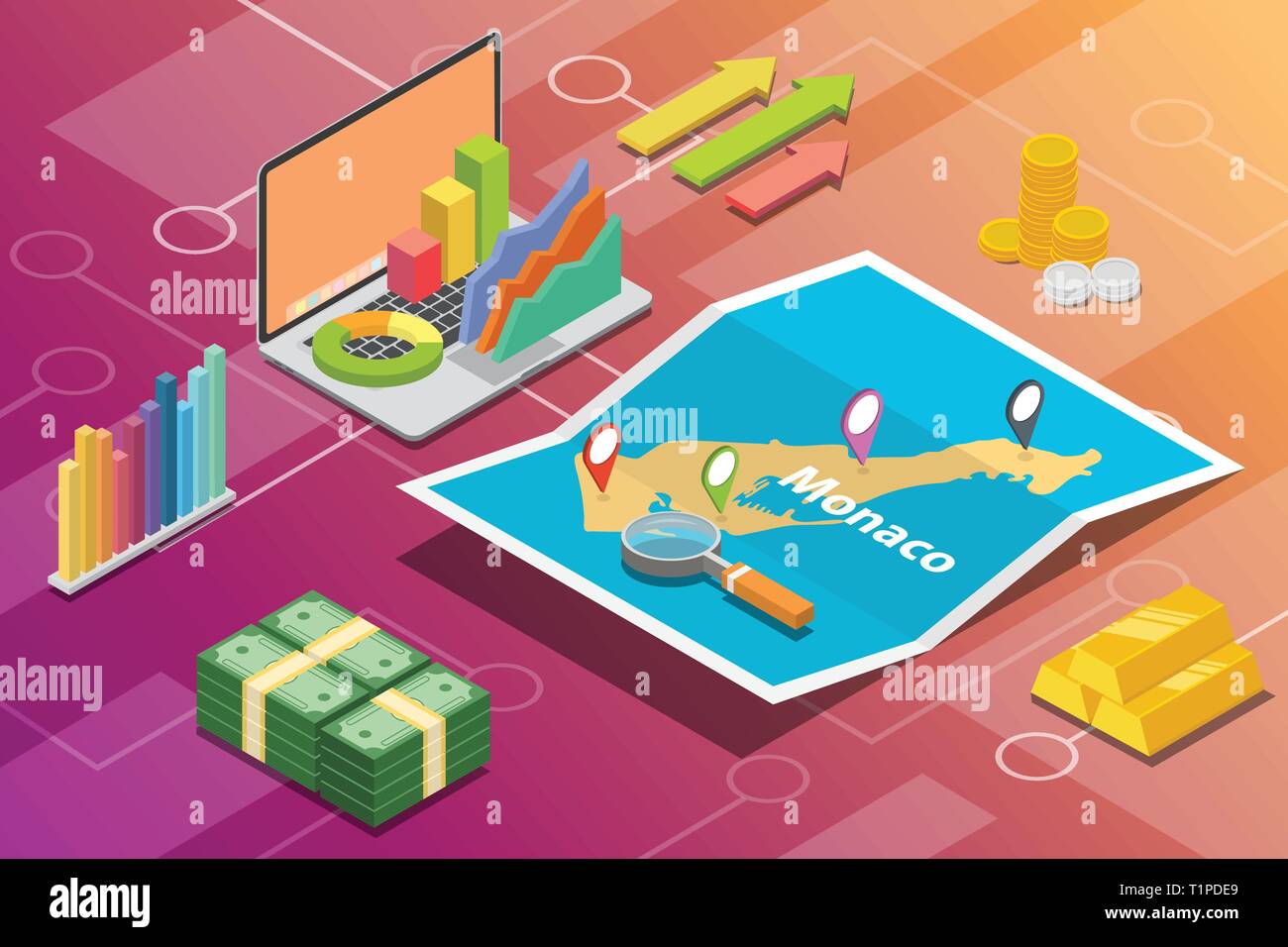 monaco isometric business economy growth country with map and finance ...