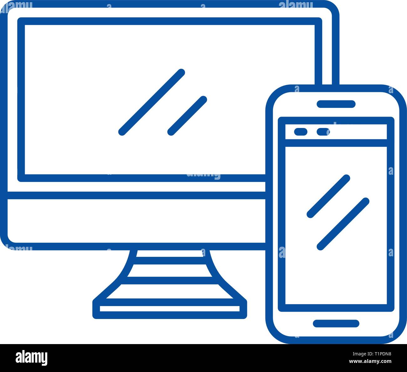 Computer and smartphone line icon concept. Computer and smartphone flat ...