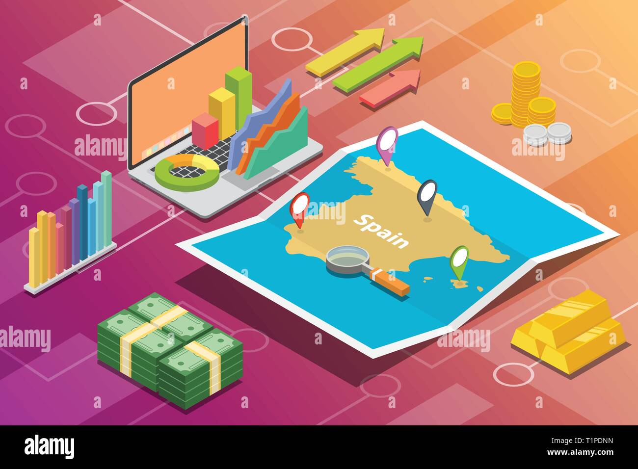 spain isometric business economy growth country with map and finance ...