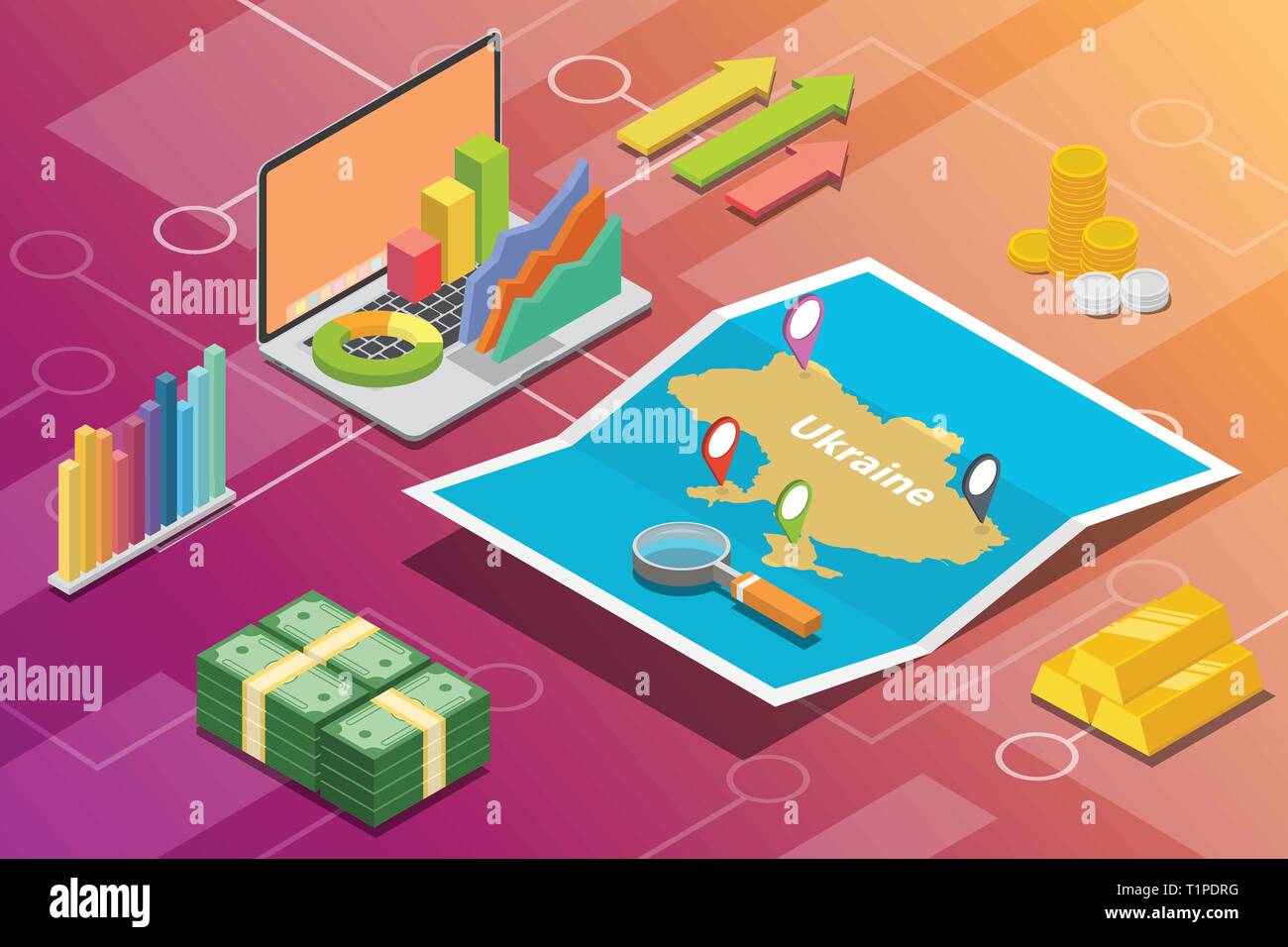ukraine isometric business economy growth country with map and finance ...