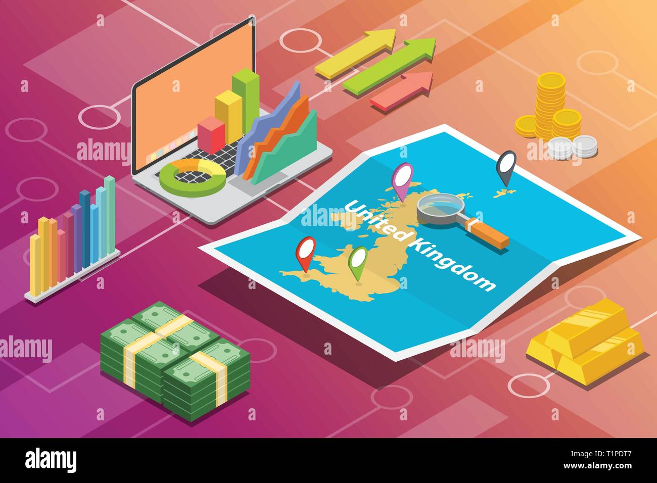 united kingdom uk isometric business economy growth country with map ...