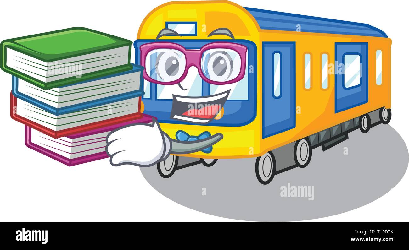 Student with book miniature subway train cartoon above table vector ...