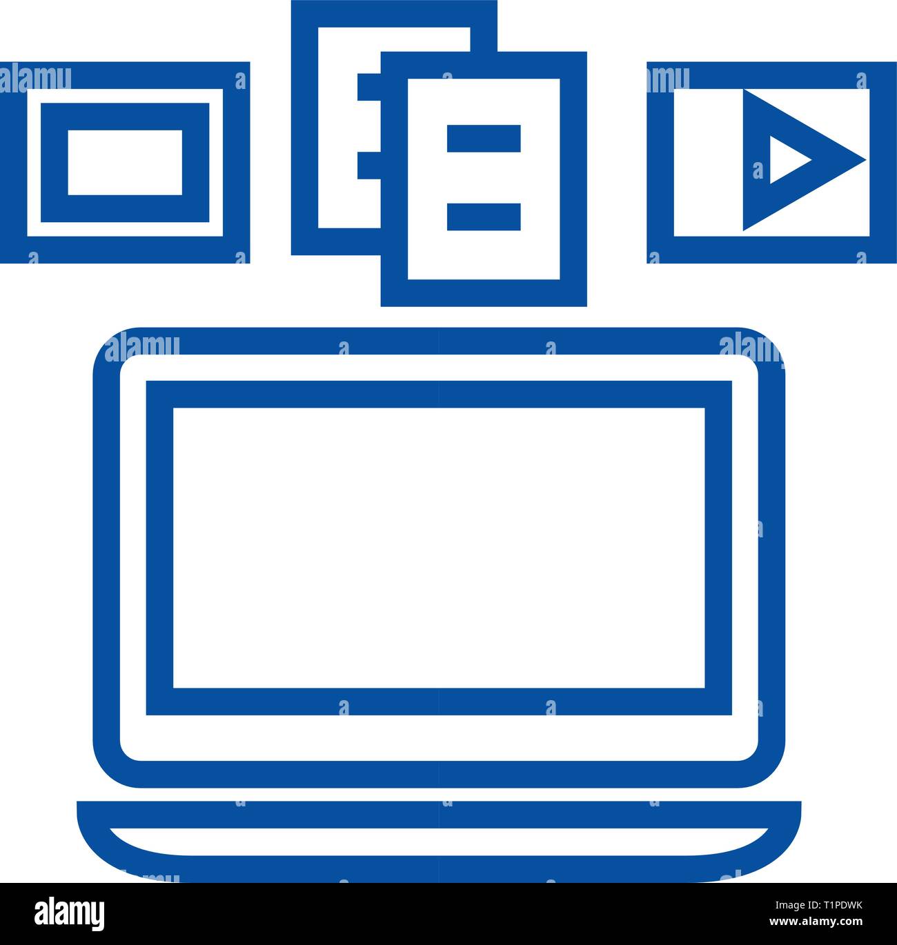 Content syncing,laptop media line icon concept. Content syncing,laptop media flat vector symbol ...