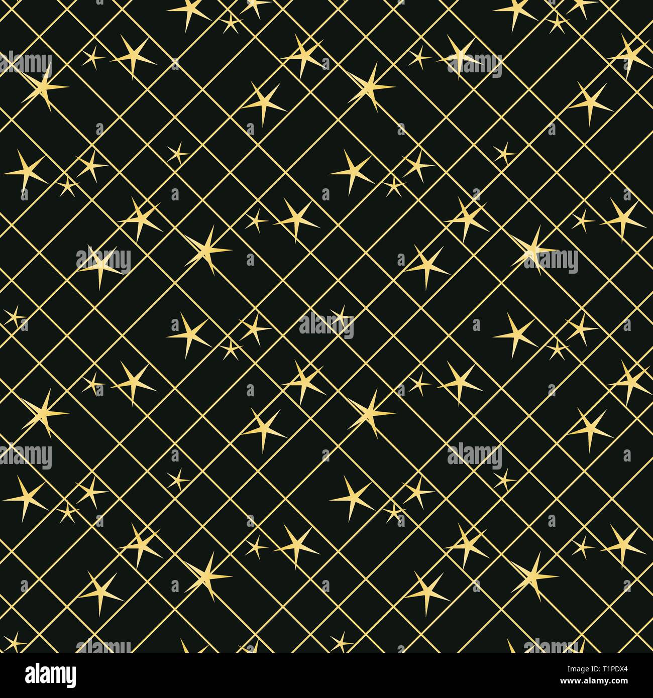 Abstract bkack and gold line star seamless pattern. Vector art deco ...