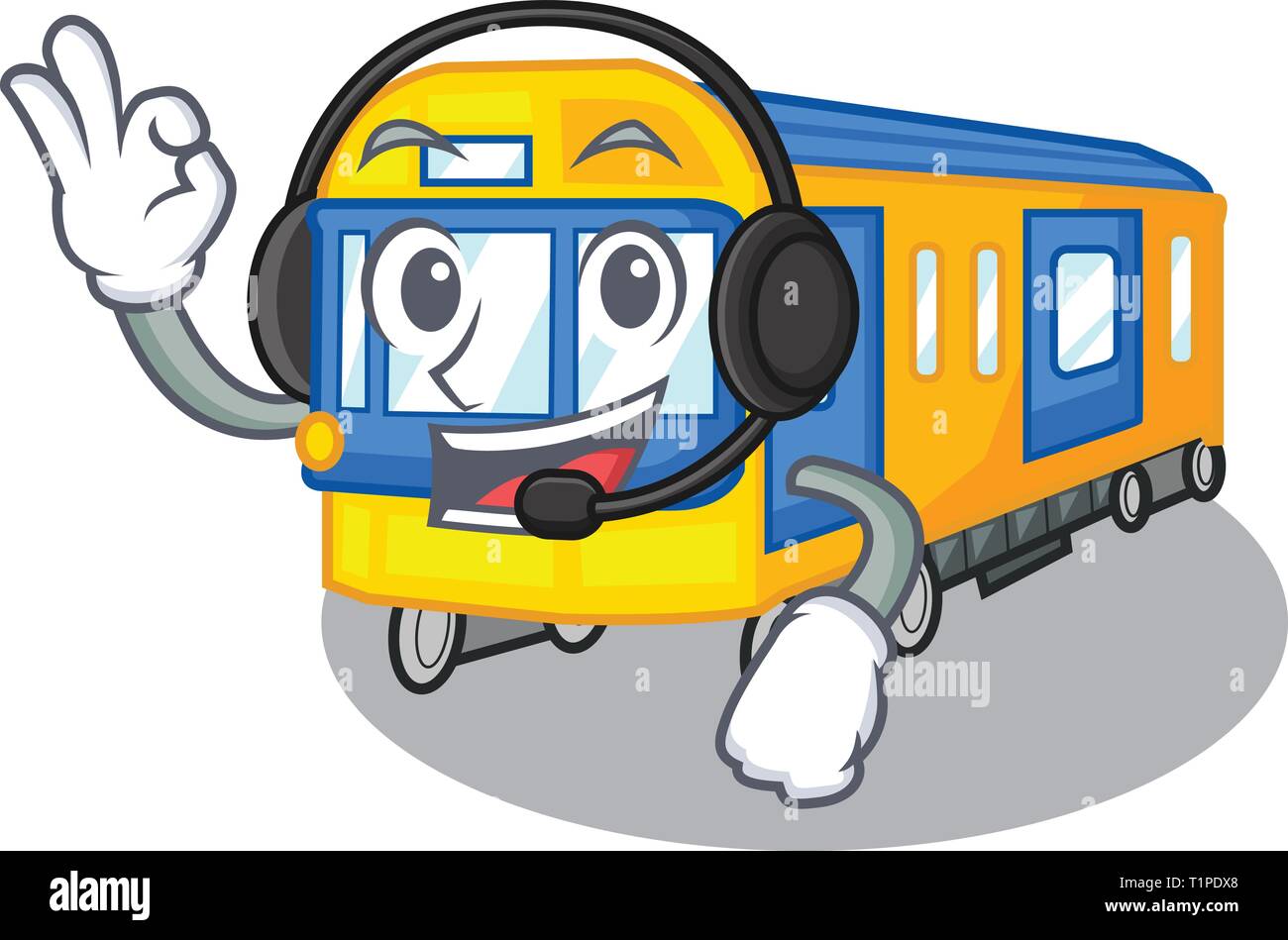 With headphone miniature subway train cartoon above table vector ...