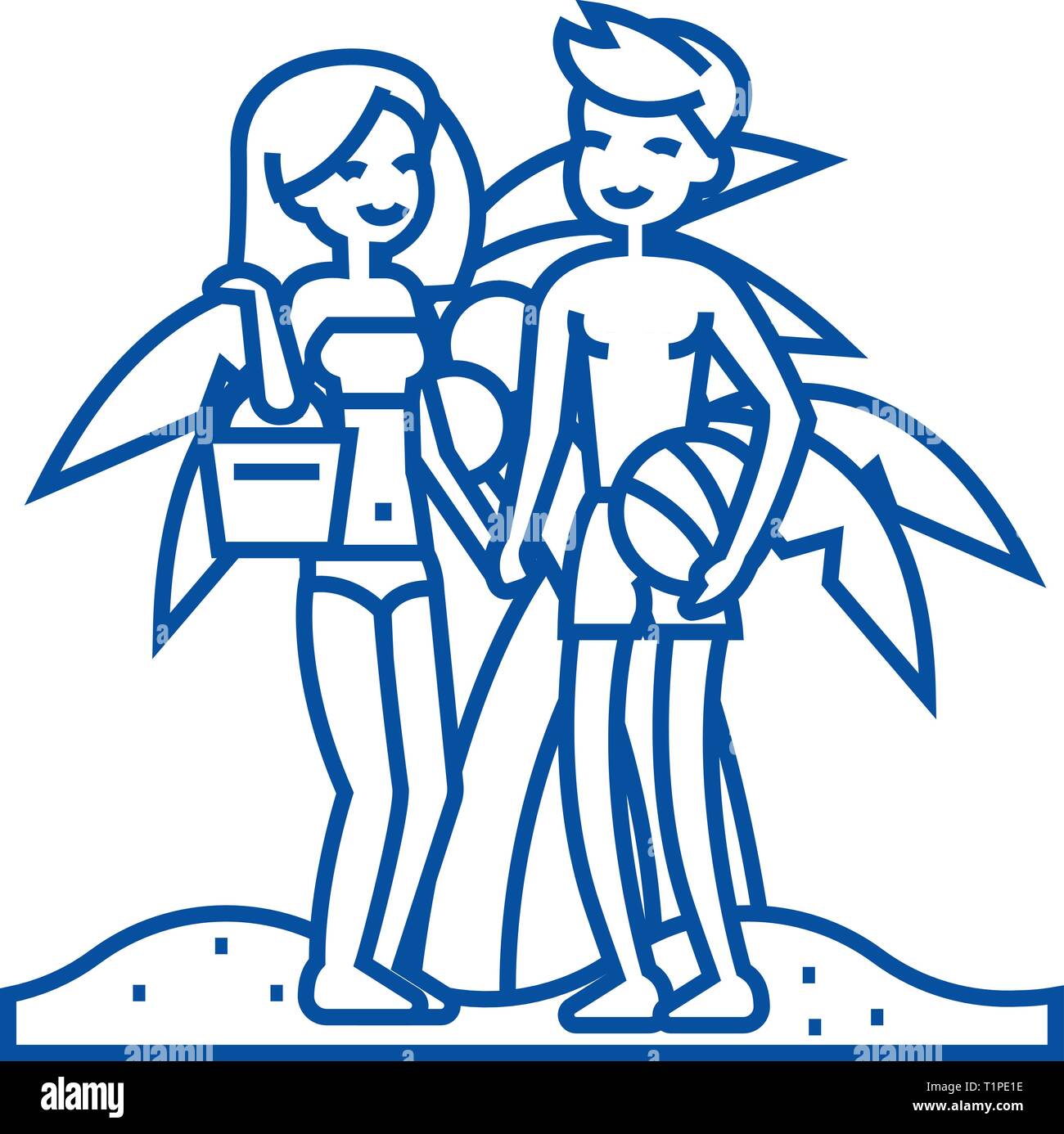 Couple on beach,summer line icon concept. Couple on beach,summer flat ...